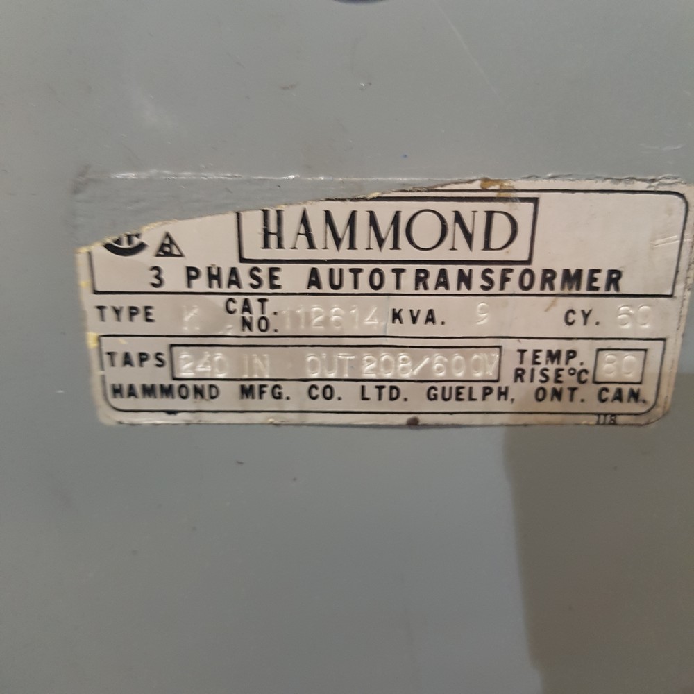 Used Hammond 9KVA 208/600V Transformer – Coast Machinery Group